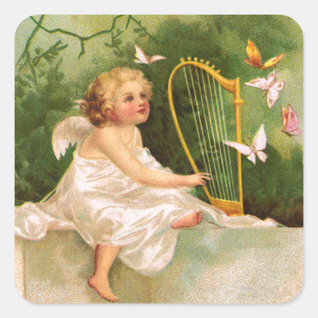 Clapsaddle: Angel Playing Harp Square Sticker | Zazzle