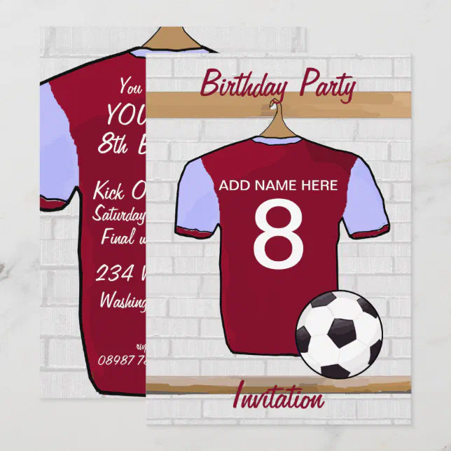 Claret and Blue Soccer Jersey Birthday Party Invitation | Zazzle