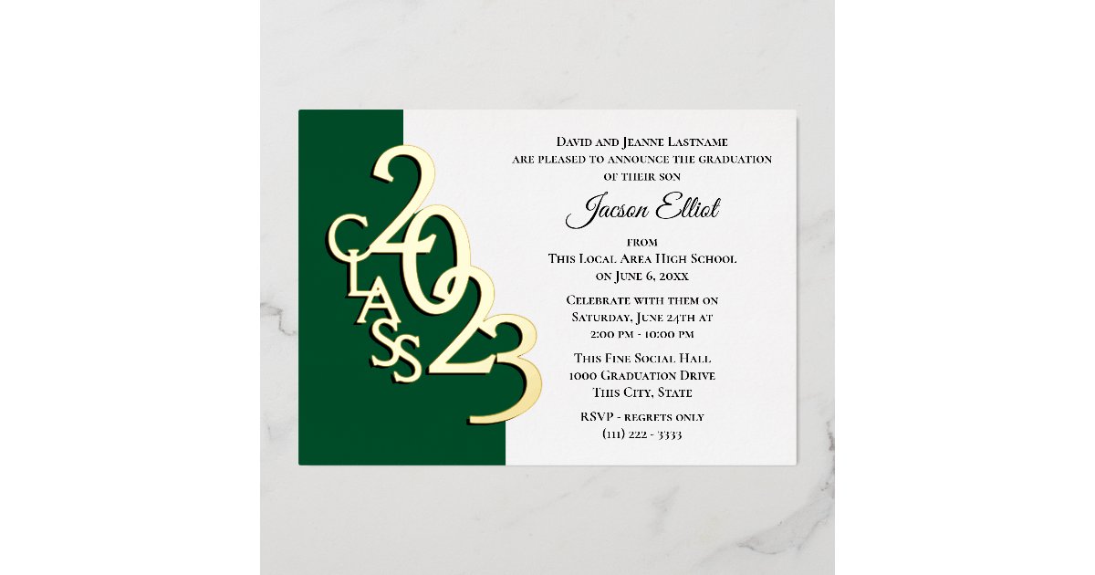 Class 2023 Graduation Green and Gold Foil Invitation | Zazzle