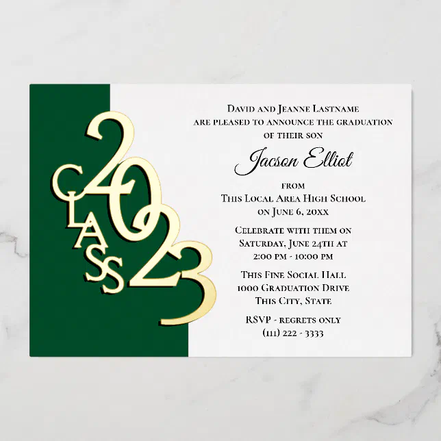 Class 2023 Graduation Green and Gold Foil Invitation | Zazzle