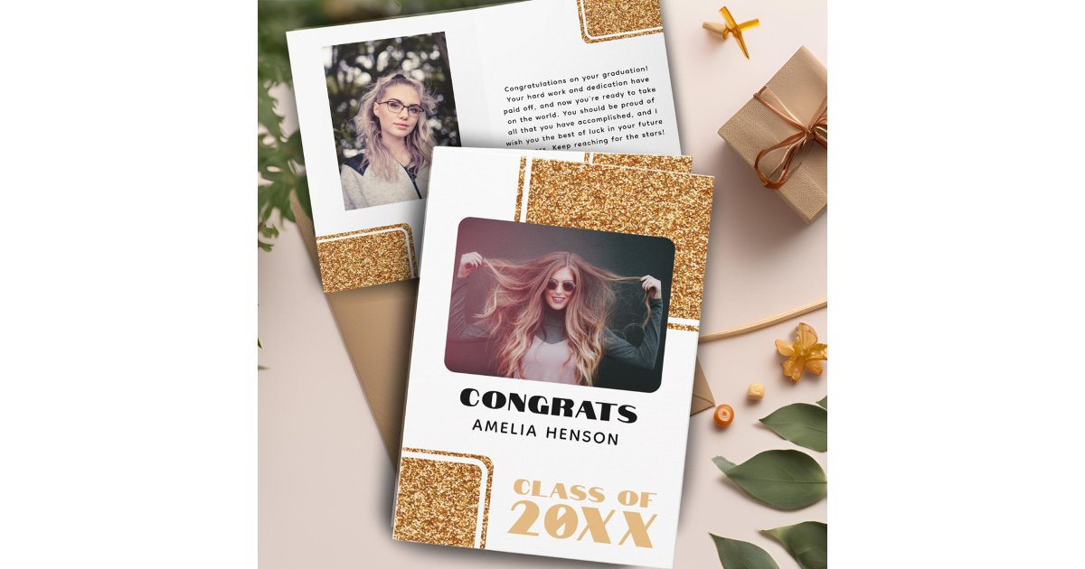Class 2024 Congrats Graduate Gold Glitter 2 Photos Card | Zazzle