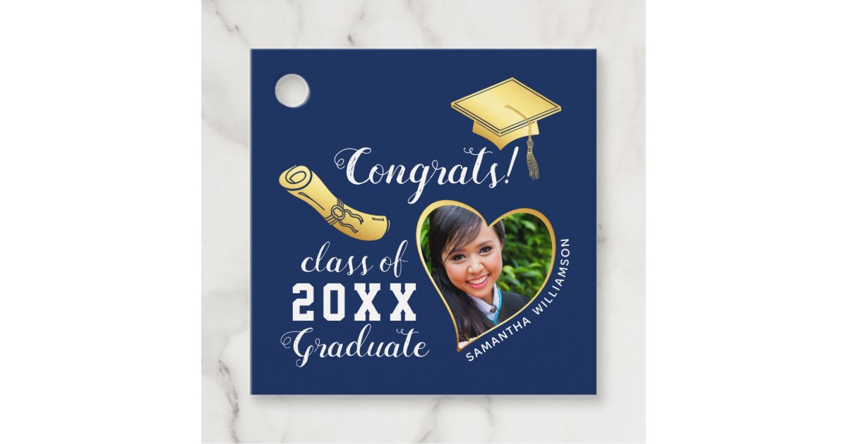 Class 2025 Navy Blue and Gold Photo Graduation Favor Tags | Zazzle