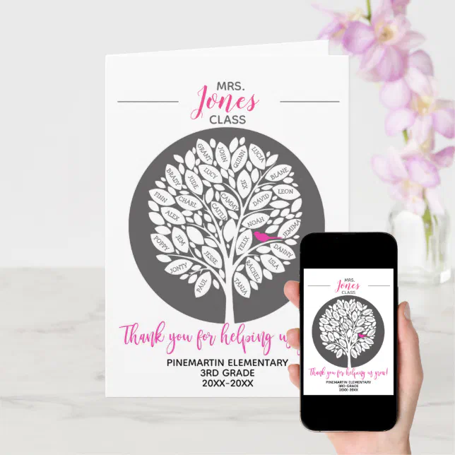 class names teacher rainbow thank you bird tree card | Zazzle