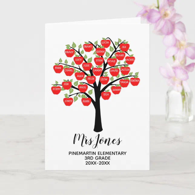 class names teacher thank you apple tree card | Zazzle