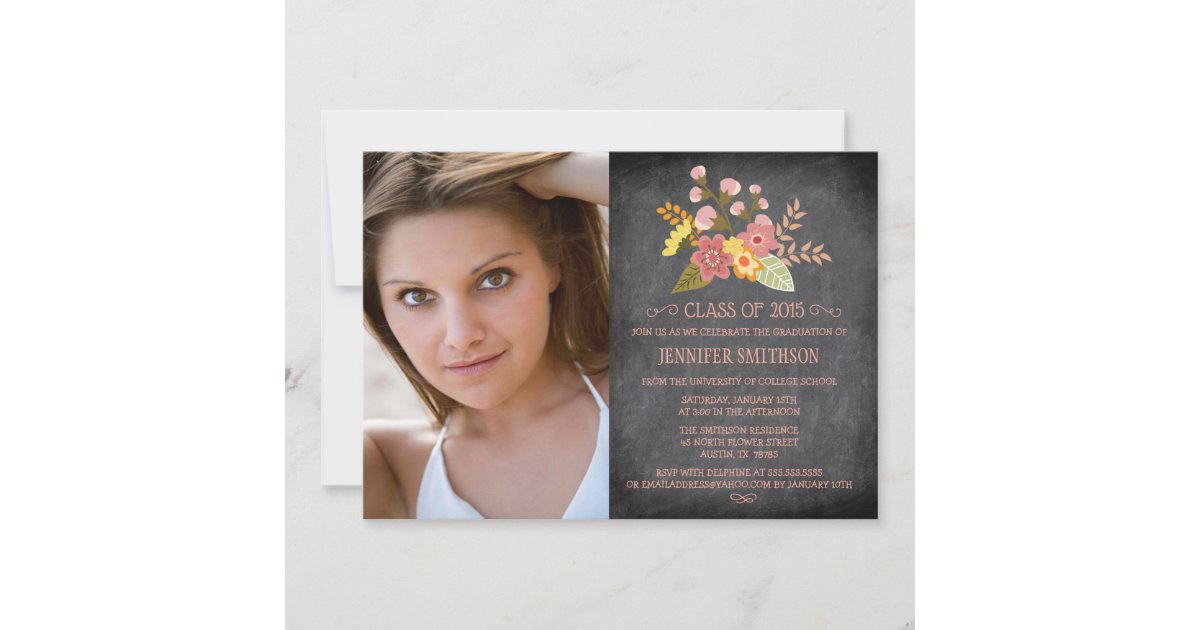 Class of 2015 floral chalkboard photo graduation invitation | Zazzle