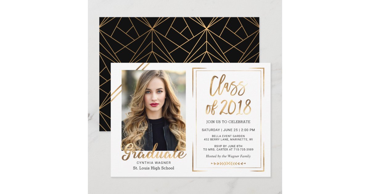 Class of 2018 Black White Gold Photo Graduation Invitation | Zazzle