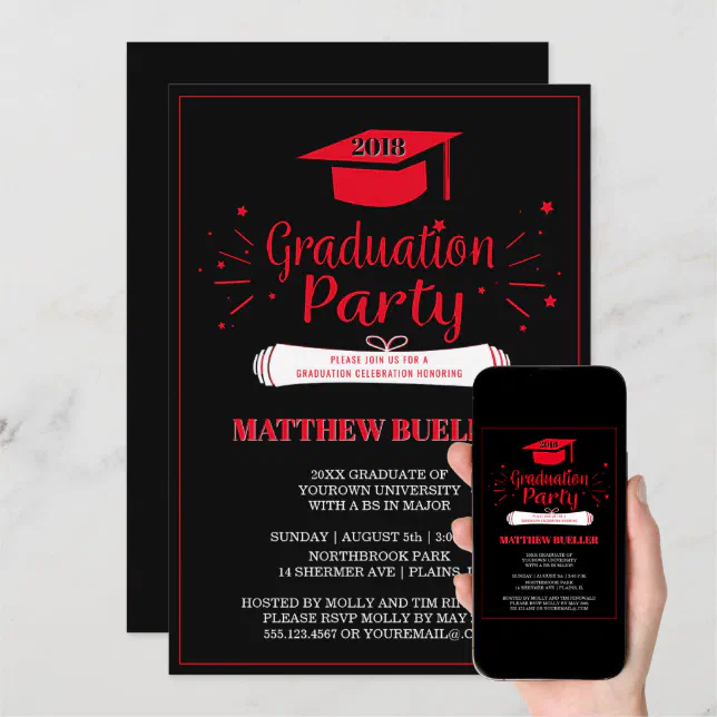 Class of 2018 Grad Cap Red Black Graduation Party Invitation | Zazzle