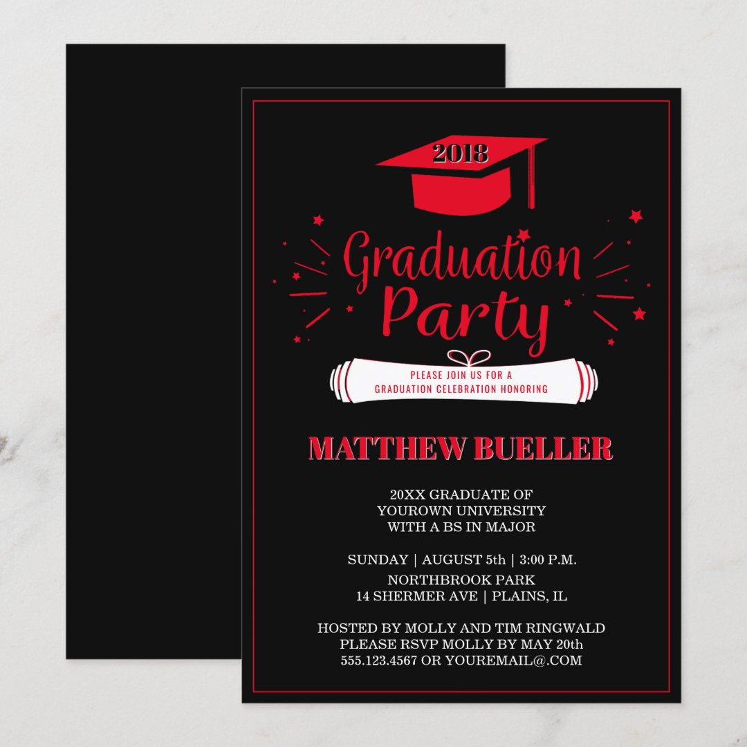 Class of 2018 Grad Cap Red Black Graduation Party Invitation | Zazzle