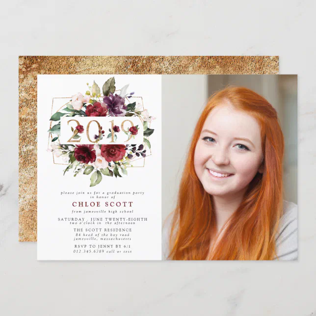 Class of 2019 Red Purple Floral Photo Graduation Invitation | Zazzle