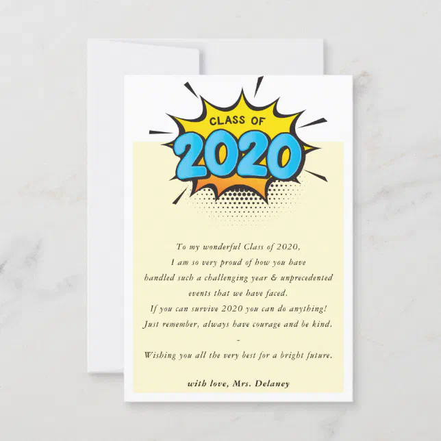 CLASS OF 2020 class teacher to student note comic Thank You Card | Zazzle