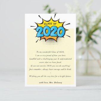 CLASS OF 2020 class teacher to student note comic Thank You Card | Zazzle