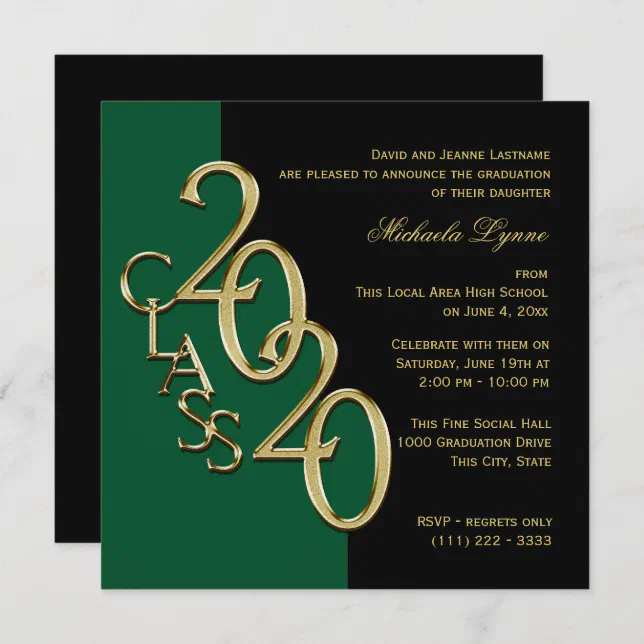 Class of 2020 Grad Green and Gold Invitation | Zazzle