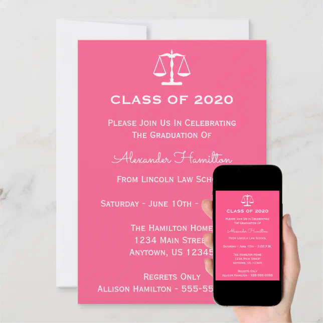 Class Of 2020 Scales Graduation Invite (Pink) | Zazzle