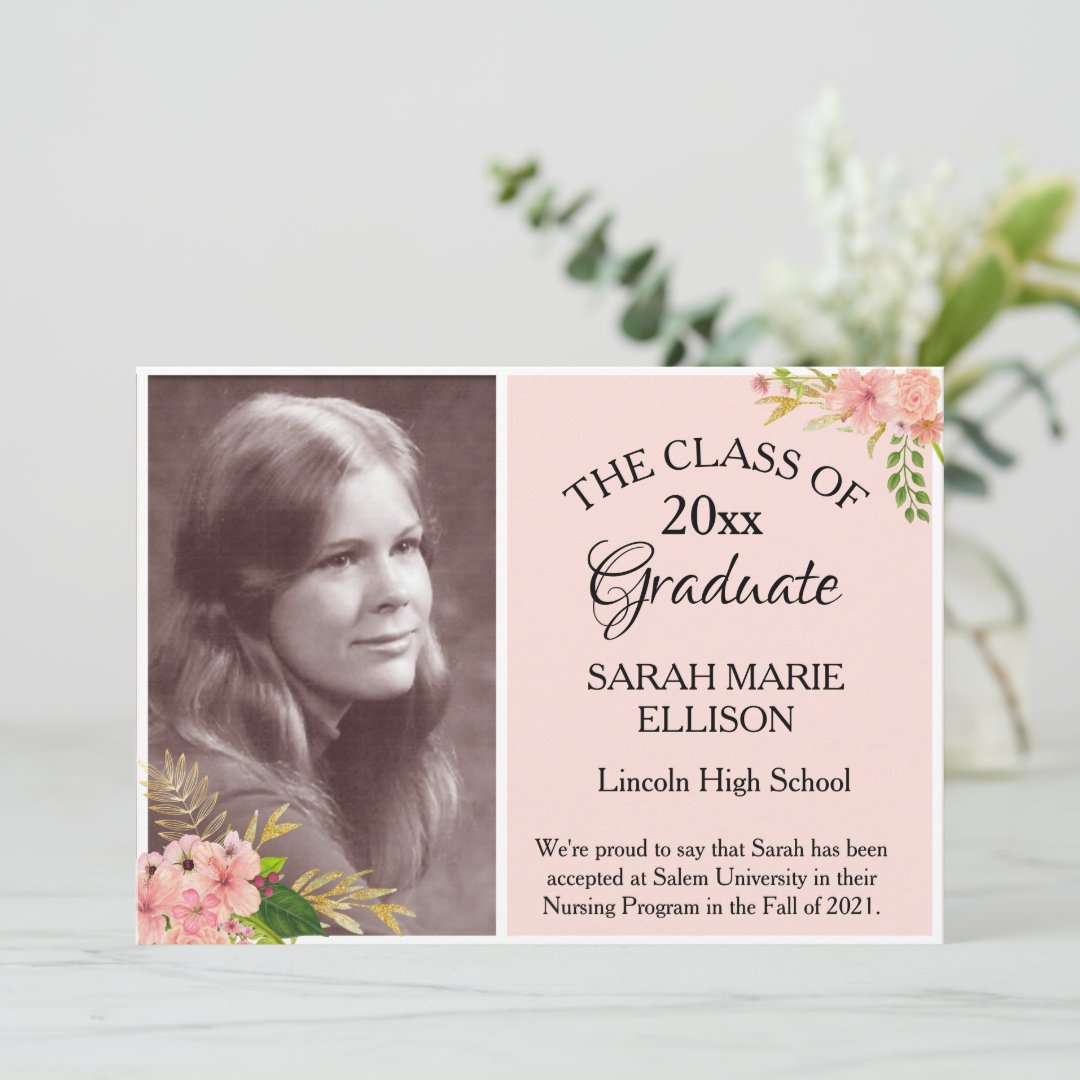 Class of 2021 Blush Pink Floral Photo Graduation Invitation | Zazzle