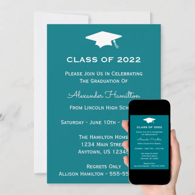Class Of 2022 Cap Graduation Invite (Turquoise) | Zazzle