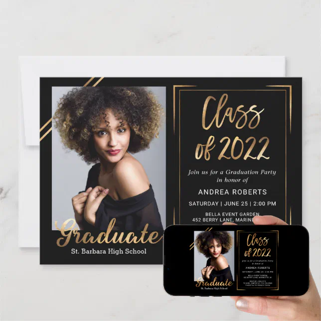 Class of 2022 Modern Black Gold Photo Graduation Invitation | Zazzle