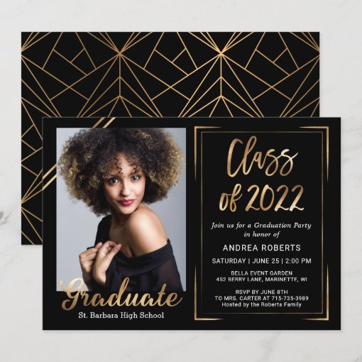 Class of 2022 Modern Black Gold Photo Graduation Invitation | Zazzle