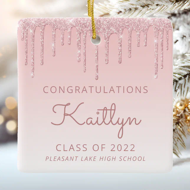 Class of 2022 Pink Glitter Drip Photo Graduation Ceramic Ornament | Zazzle