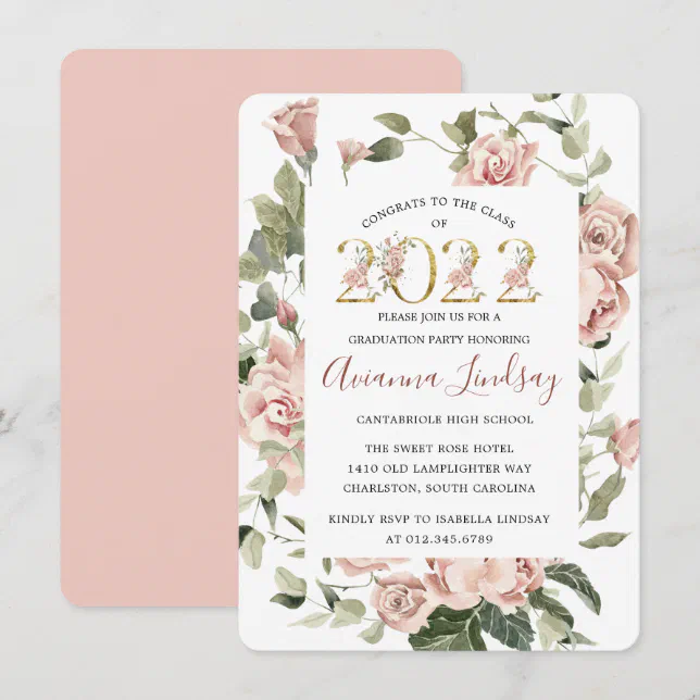 Class of 2022 Pretty Pink Rose Floral Graduation I Invitation | Zazzle