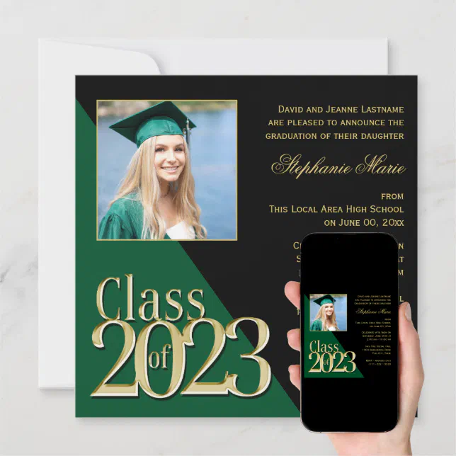 Class of 2023 Gold Grad Green with Photo Invitation | Zazzle