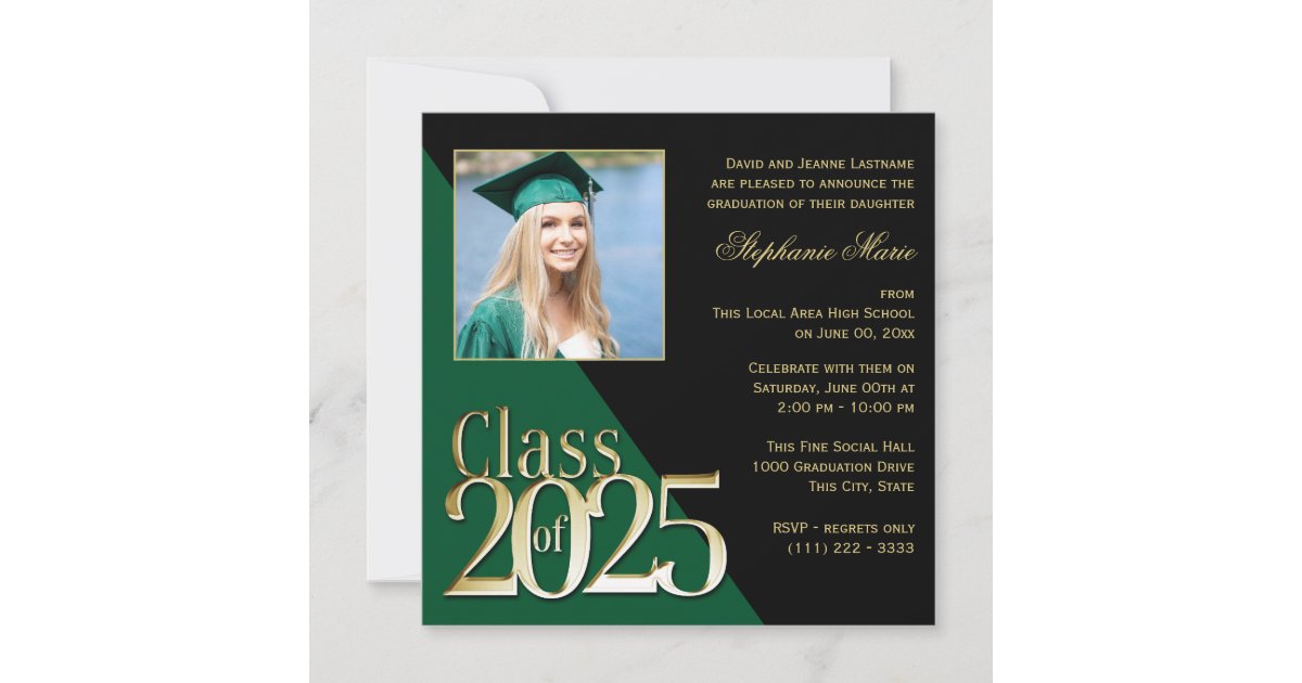 Class of 2023 Gold Grad Green with Photo Invitation | Zazzle
