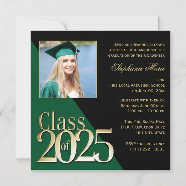 Class of 2023 Gold Grad Green with Photo Invitation | Zazzle