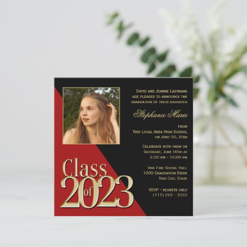 Class of 2023 Gold Grad Red with Photo Invitation | Zazzle