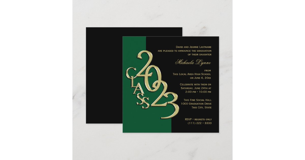 Class of 2023 Grad Green and Gold Invitation | Zazzle