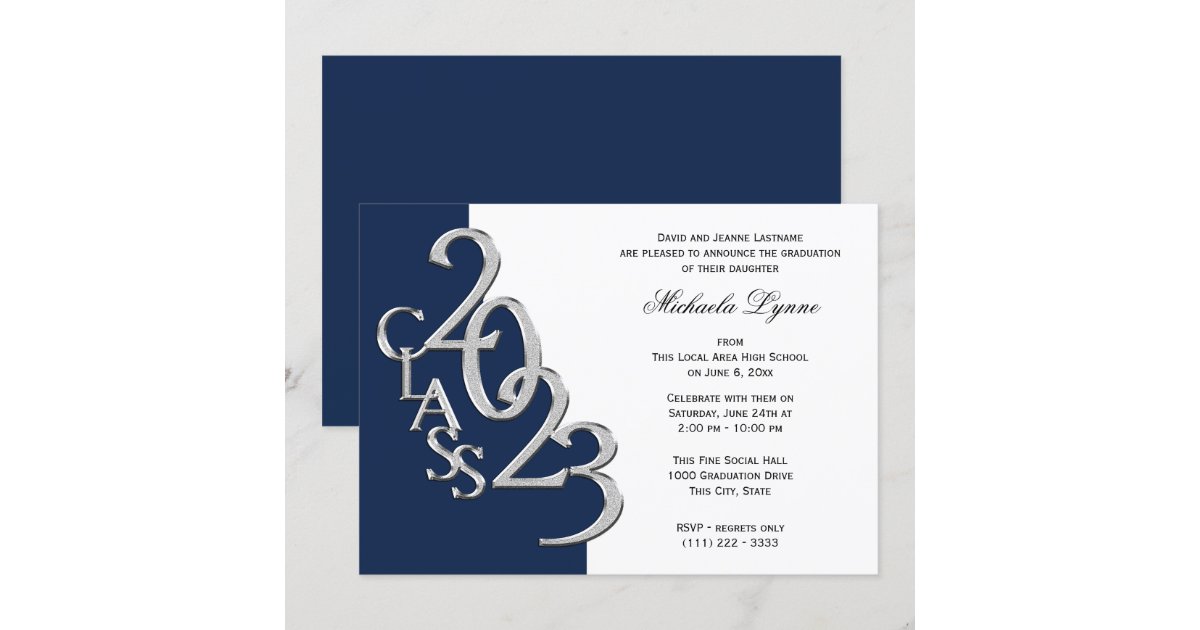 Class of 2023 Grad Silver and Navy Blue Invitation | Zazzle