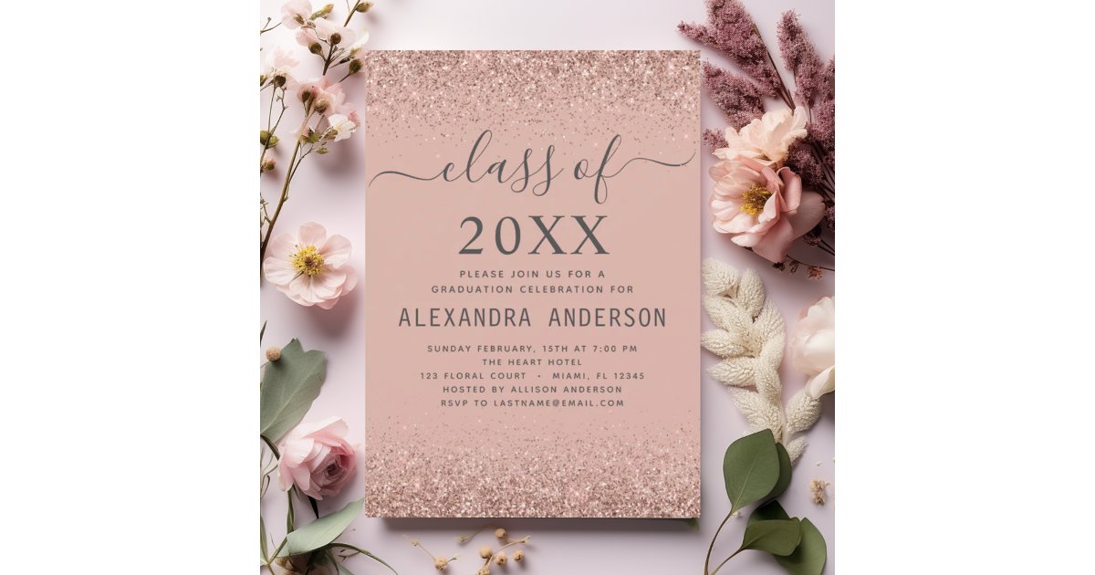 Class of 2023 Graduation Pink Rose Gold Glitter Invitation | Zazzle