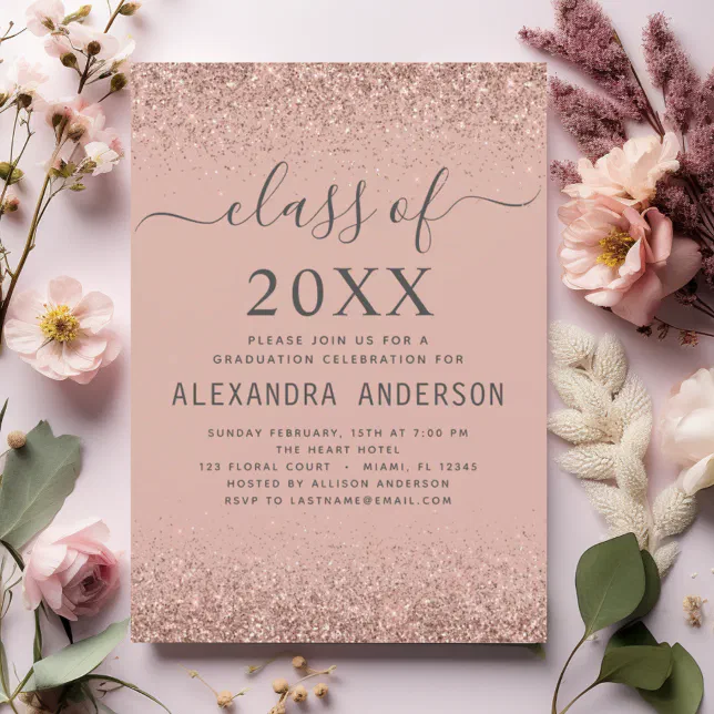 Class of 2023 Graduation Pink Rose Gold Glitter Invitation | Zazzle