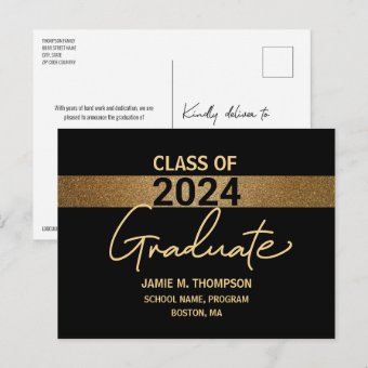 Class of 2024 Gold and Black Graduation Announceme Postcard | Zazzle