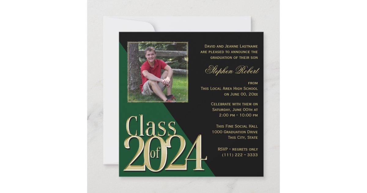 Class of 2024 Gold Grad Green with Photo Invitation | Zazzle