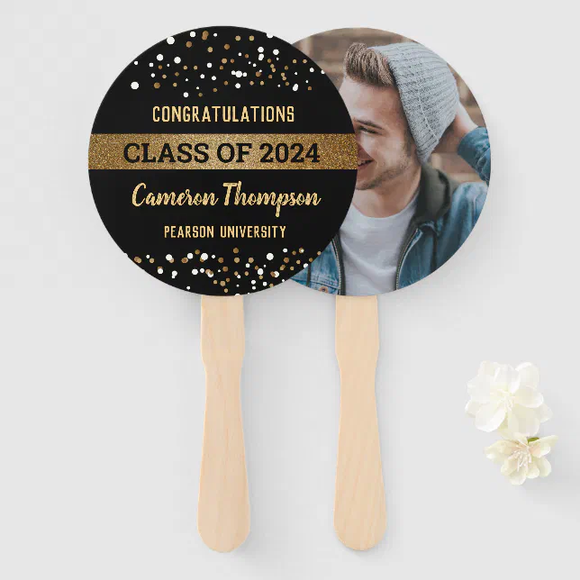 Class of 2024 gold white confetti Graduate photo Hand Fan | Zazzle
