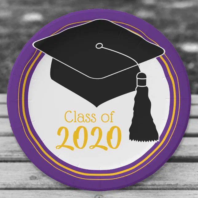 Class of 2024 Grad Cap Purple and Gold Paper Plates | Zazzle