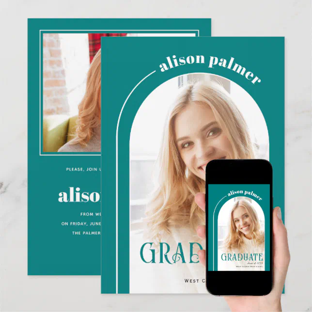 Class of 2024 GRADUATE arch teal blue photo Invitation | Zazzle