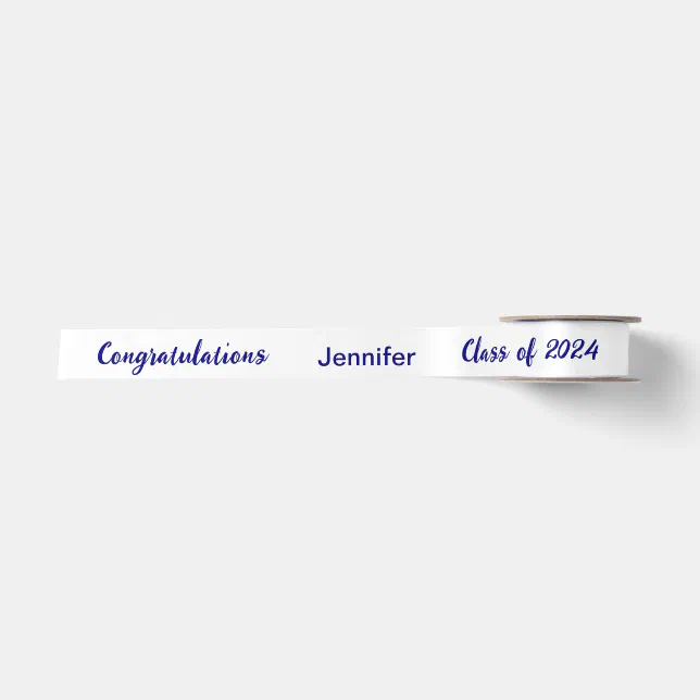 Class of 2024 Graduate Name White and Blue Script Satin Ribbon | Zazzle