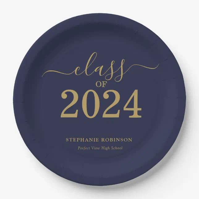 Class of 2024 Navy Blue Gold Graduation Party Paper Plates | Zazzle