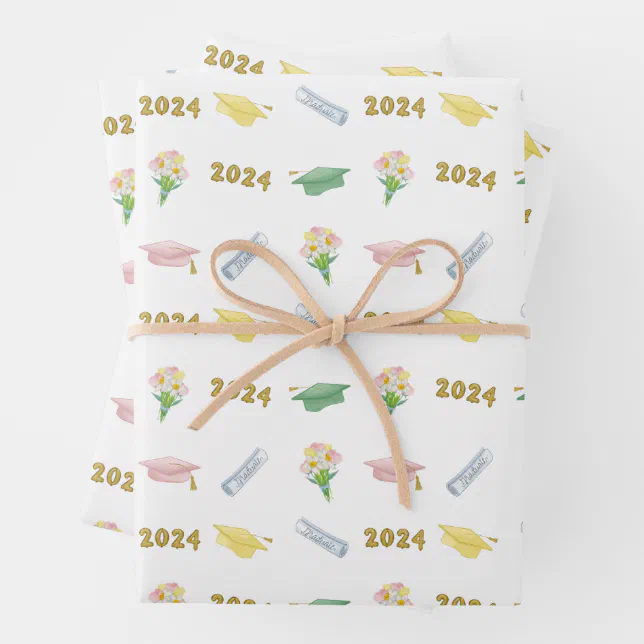 Class of 2024 Pastel Graduation Cap Toss, Balloons Wrapping Paper ...