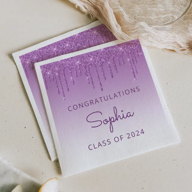 Class of 2024 Purple Glitter Drip Graduation Napkins | Zazzle