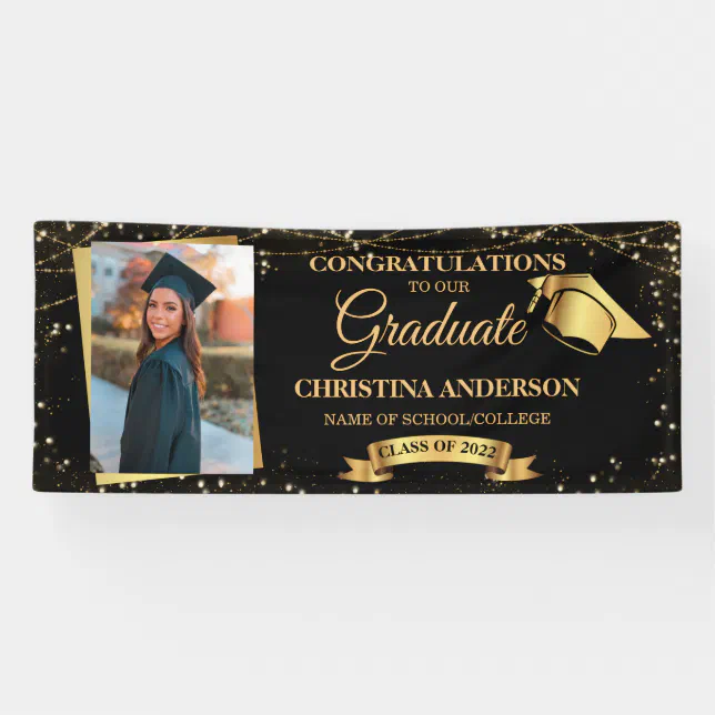 Class of 2025 Elegant Black Gold Graduation Photo Banner | Zazzle