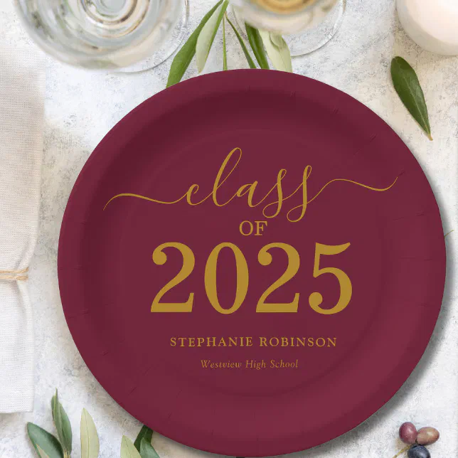 Class of 2025 Gold Maroon Graduation Party Paper Plates | Zazzle