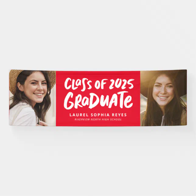 Class of 2025 graduate red two photo graduation banner | Zazzle