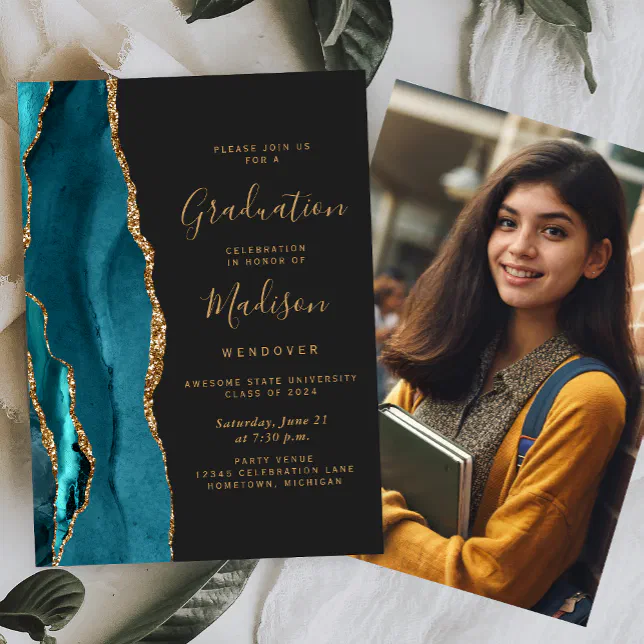 Class of 2025 Teal Agate Photo Dark Graduation Invitation | Zazzle