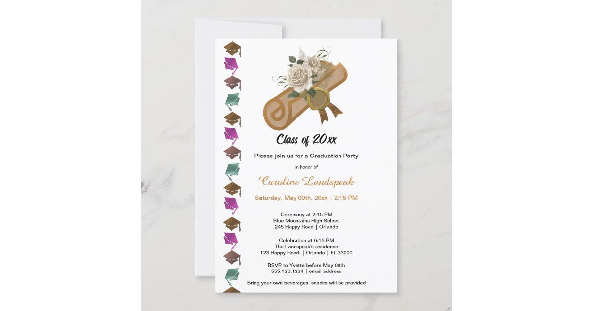Class of 2025 White Roses & Gold Foil diploma Invitation | Zazzle