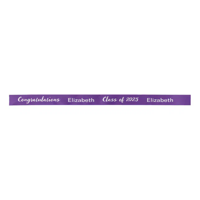 Class of 2026 Graduate Name Purple & White Script Satin Ribbon | Zazzle