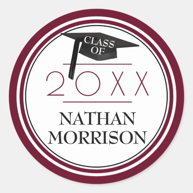 Class of | Grad Cap & Year | Burgundy/Maroon Classic Round Sticker | Zazzle