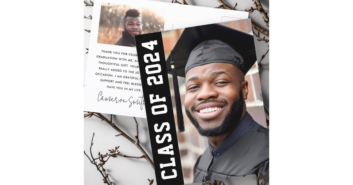 Class of year 2024 modern black graduation photo postcard | Zazzle