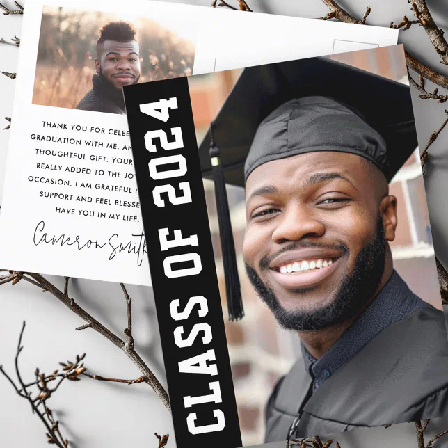 Class of year 2024 modern black graduation photo postcard | Zazzle