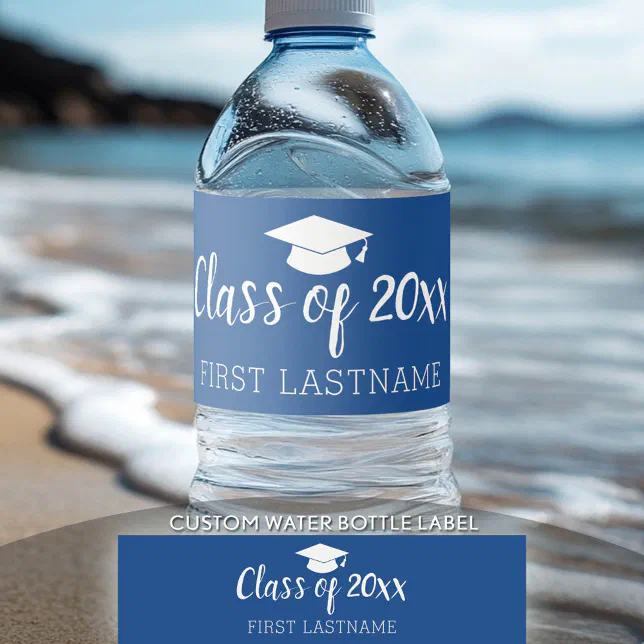 Class of Year and Name - Graduation Cap Blue Water Bottle Label | Zazzle